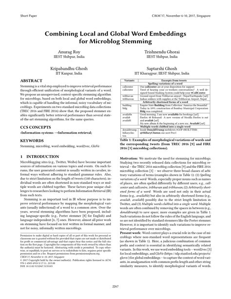 Pdf Combining Local And Global Word Embeddings For Microblog Stemming