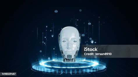 로봇 머리 로고와 Ai 챗봇과 기계 학습 기술이 적용된 미래 지향적인 Hud와 추상적인 배경에 인공 지능과 로봇 아이콘 개념이