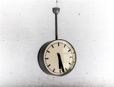 Large Double Sided Metal Analog Clock 1960s By Pragotron Clock Vintage Metal Industrial Wall