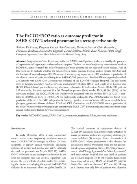 Pdf The Paco2 Fio2 Ratio As Outcome Predictor In Sars Cov 2 Related Pneumonia A Retrospective