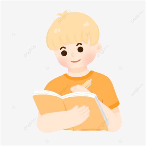 손으로 그린 스타일로 그의 책에 쓰는 귀여운 금발 머리 소년 캐릭터 손으로 그린 글쓰기 귀엽다 Png 일러스트 및 Psd