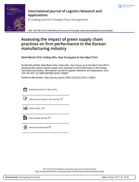 Pdf Assessing The Impact Of Green Supply Chain Practices On Firm Performance In The Korean