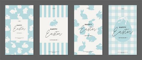 행복한 부활절 판매 배너 세트 타이포그래피 달걀과 토끼 인사말 카드 템플릿 초대장 포스터 표지 배너 전단지가 있는 트렌디한 디자인 현대 평면 벡터 그림 가리기에 대한 스톡
