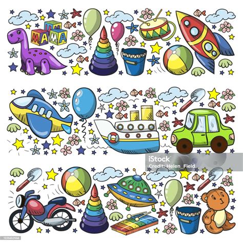 아기 장난감 세트입니다 벡터 플랫 스타일 만화 일러스트레이션입니다 나무와 플라스틱 장난감 재미와 활동 유치원 보육 0명에 대한 스톡 벡터 아트 및 기타 이미지 Istock