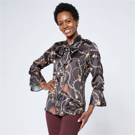 G By Giuliana Nutcracker Chain Print Blouse With Neck Tie Hsn