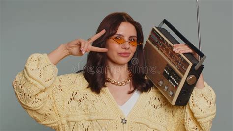 Woman Using Retro Tape Record Player To Listen Music Disco Dancing Of