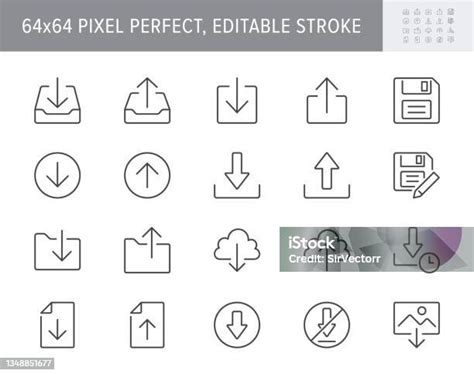 라인 아이콘을 다운로드합니다 벡터 그림에는 업로드 클라우드 스토리지 폴더 화살표 문서 Diskette 웹 버튼용 플로피 디스크 윤곽 선보기 그림 아이콘이 포함됩니다