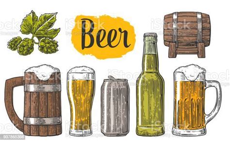 맥주 클래스 병 배럴 수 있습니다 빈티지 벡터 그림 웹 포스터 맥주 파티에 초대에 대 한 조각 손으로 그린된 디자인 요소 흰색 배경에 고립 작은 통에 대한 스톡 벡터 아트