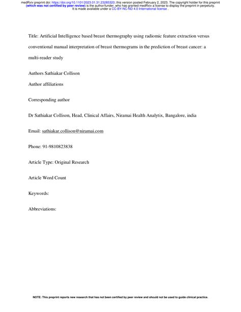 Pdf Artificial Intelligence Based Breast Thermography Using Radiomic Feature Extraction Versus