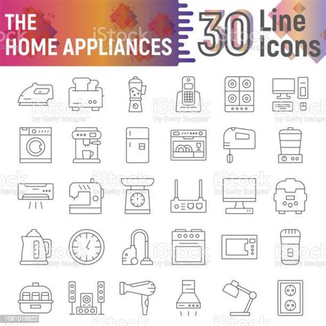 가정 용품 선 아이콘 세트 주방 가구 표지판 흰색 배경에 고립 된 선형 무늬 패키지 로고 일러스트 벡터 스케치 컬렉션 상징 후드 티 모자에 대한 스톡 벡터 아트 및 기타