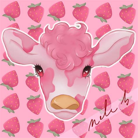 Strawberry Cow Aesthetic Art Cottagecore Cute Pink Cow