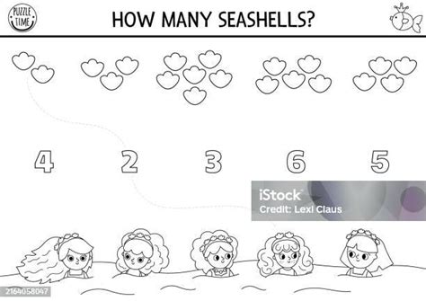 숫자 흑백 인어 게임을 물 속의 공주와 일치시키고 조개 껍질과 머리띠를 일치시킵니다 바다 왕국 라인 수학 활동 색칠 공부 페이지 해양 교육 계산 워크시트 0명에 대한 스톡