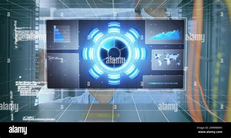 Image Of Interface With Data Processing Over Caucasian Male Engineer Working At Server Room