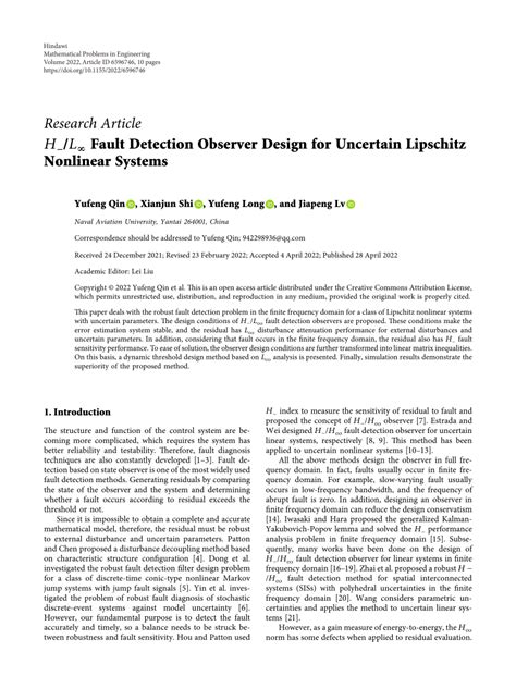 Pdf H−l∞ Fault Detection Observer Design For Uncertain Lipschitz