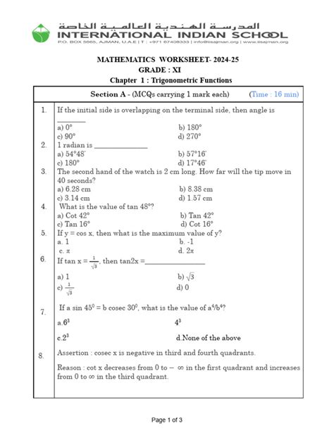 Worksheet Xi Trigonometric Functions Pdf