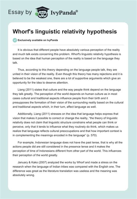Whorfs Linguistic Relativity Hypothesis 570 Words Research Paper Example