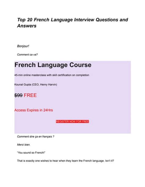 Top 20 French Language Interview Questions And Answers Pdf