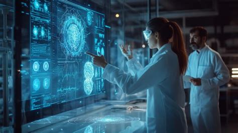 Scientists Analyzing Data On Interactive Screen Premium Ai Generated Image