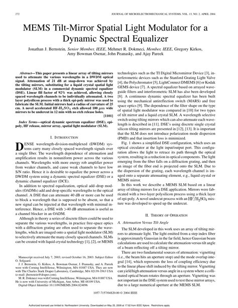 PDF MEMS Tilt Mirror Spatial Light Modulator For A Dynamic Spectral Equalizer