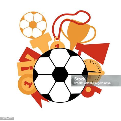 상금 컵 메달 상금 라우드 스피커 카드 휘파람 과 시계축구 공 엽서 로고 또는 디자인에 대한 축구 게임 속성 플랫 일러스트레이션 개체 그룹에 대한 스톡 벡터 아트 및 기타