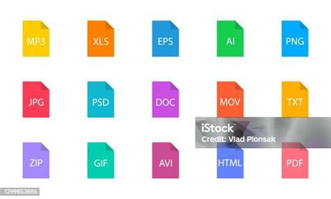 檔案類型圖示的集合文件的格式和擴展pdfdocpsdmp3tx郵編pptxls等ui 的圖形範本 向量插圖向量圖形及更多圖示圖片