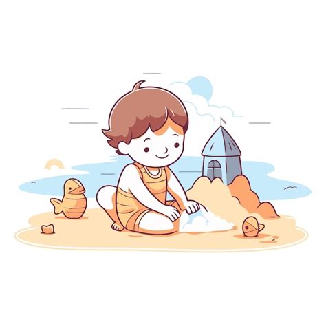 Милый маленький мальчик играет с песком на пляже Премиум векторы