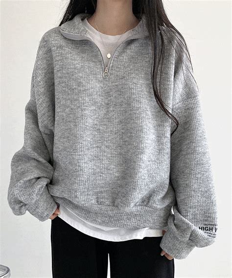 [골지아노락 1 1할인 ] 오버핏 기모 골지 웨이브 레터링 반집업 맨투맨 3color 에이블리