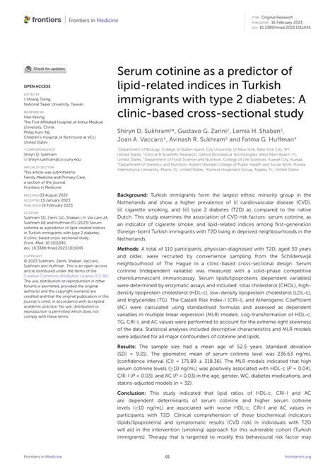 Pdf Serum Cotinine As A Predictor Of Lipid Related Indices In Turkish Immigrants With Type 2