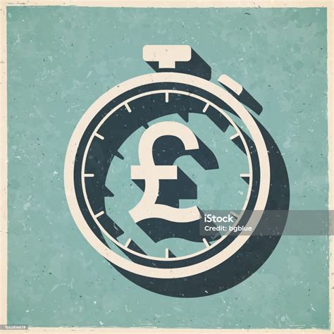 파운드 기호가 있는 스톱워치 복고풍 빈티지 스타일의 아이콘 오래된 질감의 종이 개념에 대한 스톡 벡터 아트 및 기타 이미지