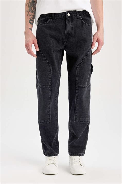 أسود رجالي بنطلون كارجو وايد ليج برجل واسع بجيب وخصر عادي 3074288 Defacto