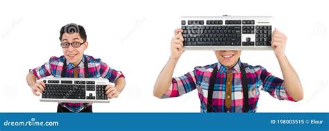 Computer Nerd With Keyboard Isolated On White Stock Image Image Of Laptop Glasses 198003515