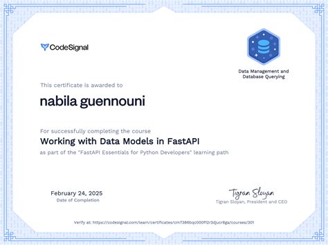 Course Certificate For Working With Data Models In Fastapi Codesignal