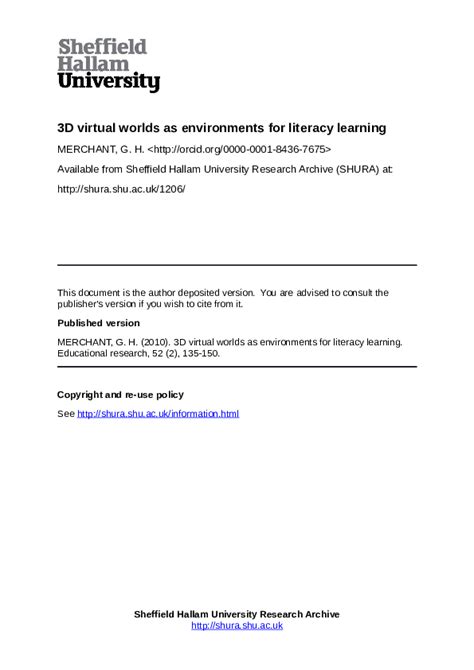 Pdf 3d Virtual Worlds As Environments For Literacy Learning