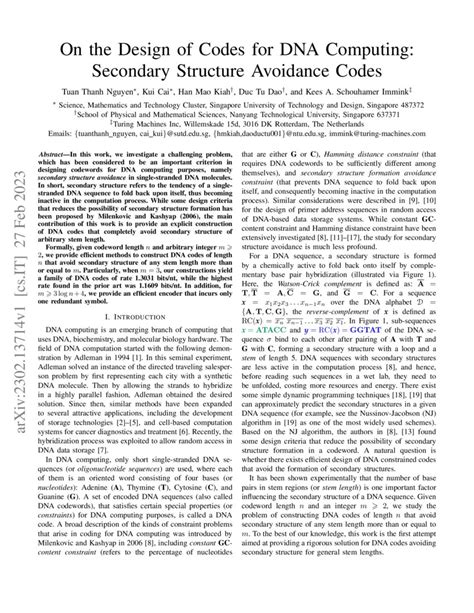 On The Design Of Codes For Dna Computing Secondary Structure Avoidance Codes Deepai