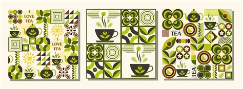 아이콘이 있는 차 테마 패턴 세트 단순한 기하학적 스타일의 디자인 요소 추상적인 도형을 가진 매끄러운 배경 브랜딩 식품 패키지