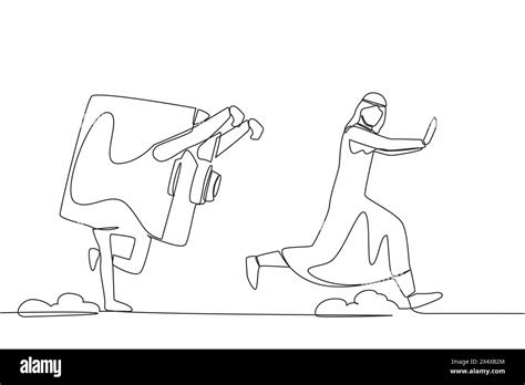 Continuous One Line Drawing Unhappy Arabian Businessman Being Chased By Safe Deposit Box Office
