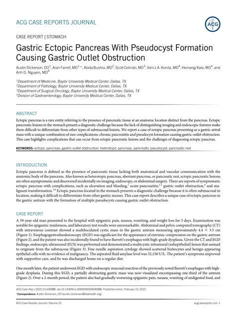 Pdf Gastric Ectopic Pancreas With Pseudocyst Formation Causing Gastric Outlet Obstruction