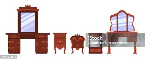 귀여운 골동품 나이트 스탠드 세트 서랍과 국의 가슴 흰색 배경에 고립 된 드레싱 테이블 침실에 대 한 앤티크 가구의 컬렉션 플랫 스타일로 벡터 그림입니다 가구에 대한 스톡