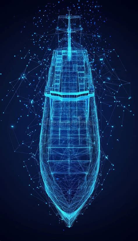 Polygonal Wireframe Rendering Of A Large Container Ship Set Against A Blue Background Stock