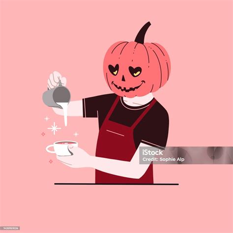 새겨진 호박 머리를 입고 호박 향신료 라떼 커피를 만드는 바리스타 할로윈에 대한 스톡 벡터 아트 및 기타 이미지 할로윈 커피 마실 것 10월 Istock