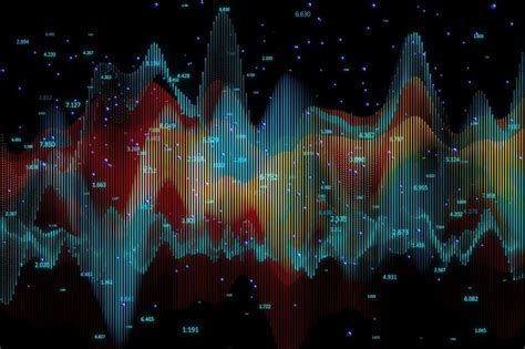 어두운 기술 배경 통계 데이터 개념 3d 렌더링에 수직선과 이진 코드 번호로 만들어진 다채로운 디지털 물결 모양 그래프의 전면