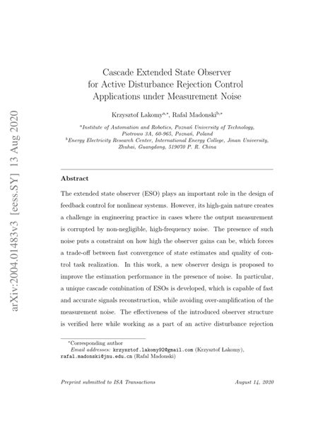 Pdf Cascade Extended State Observer For Adrc Applications Under Measurement Noise