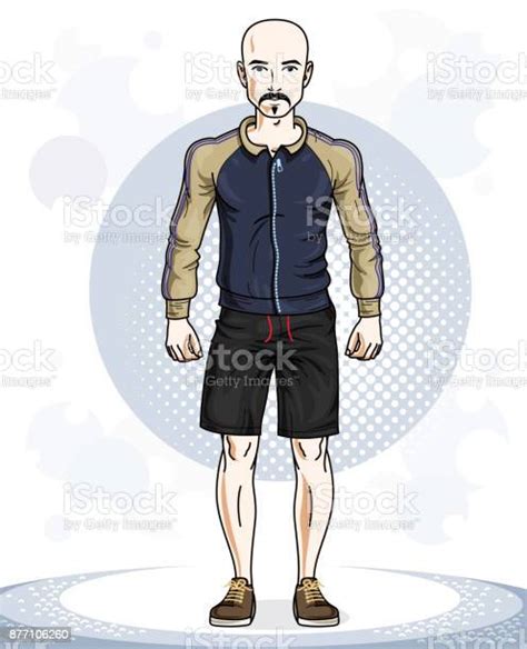 잘생긴 대머리 젊은 남자 서 수염 및 수염 스포츠맨의 벡터 그림입니다 적극적이 고 건강 한 라이프 스타일 테마의 만화 근육질 체격에 대한 스톡 벡터 아트 및 기타 이미지