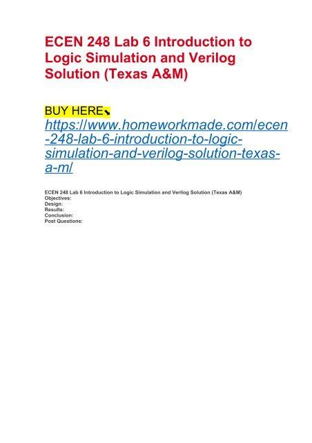 ECEN 248 Lab 6 Introduction To Logic Simulation And Verilog Solution