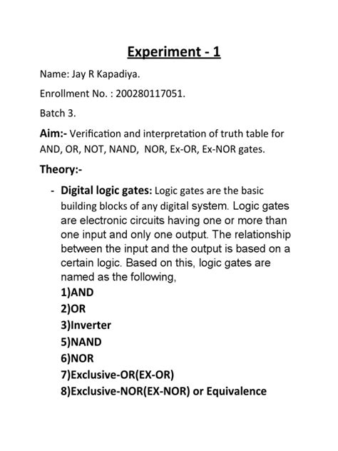 Experiment 1 Aim Theory Digital Logic Gates Pdf Logic Gate Digital Electronics