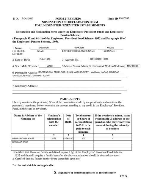 Declaration And Nomination Form Under The Employees Provident Funds And Employees Pdf