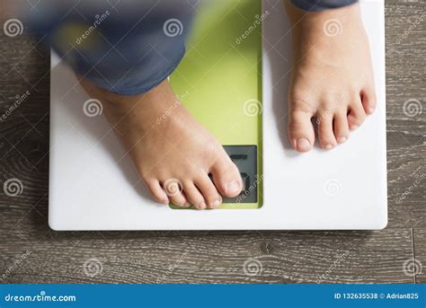 Woman Covering Weighting Scale Display For A Secret Weight Stock Photo Image Of Obesity