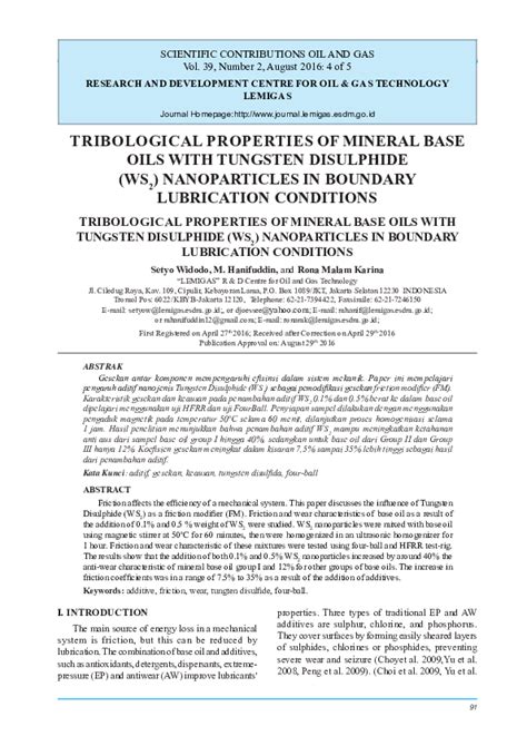 Pdf Tribological Properties Of Mineral Base Oils With Tungsten Disulphidews2 Nanoparticles