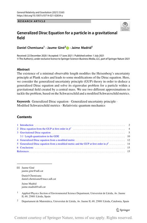 Generalized Dirac Equation For A Particle In A Gravitational Field Request Pdf