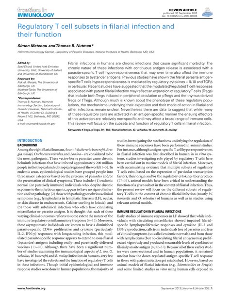 Pdf Regulatory T Cell Subsets In Filarial Infection And Their Function